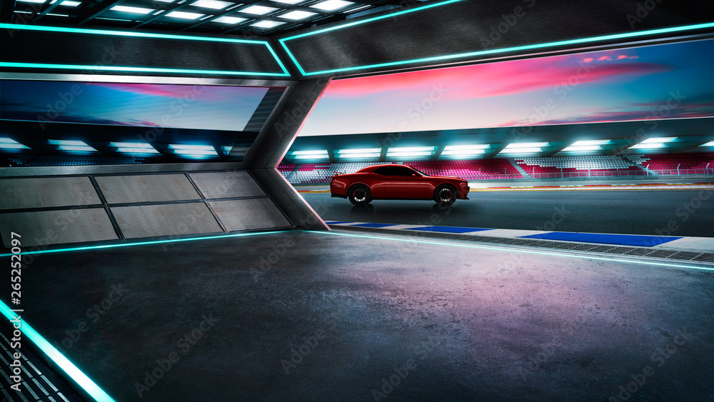 Sport red car parked on outside race car garage with international race ...