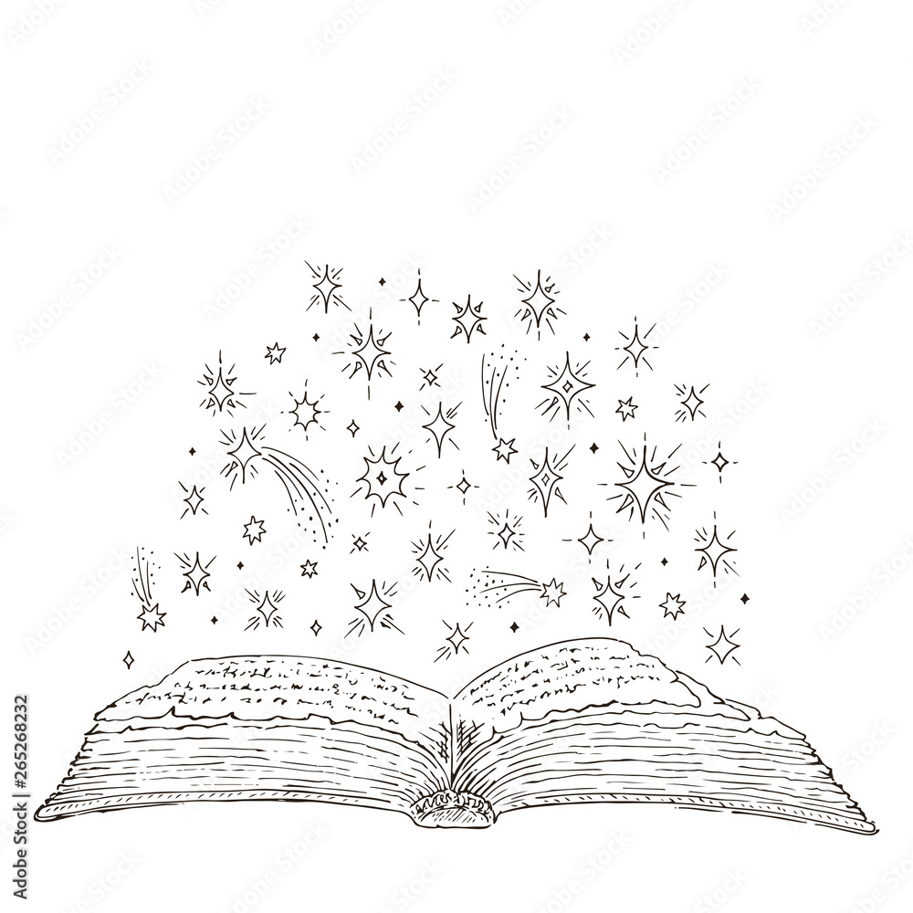 Open magic book hand drawn. Mystical stars. Vector ink sketch in ...