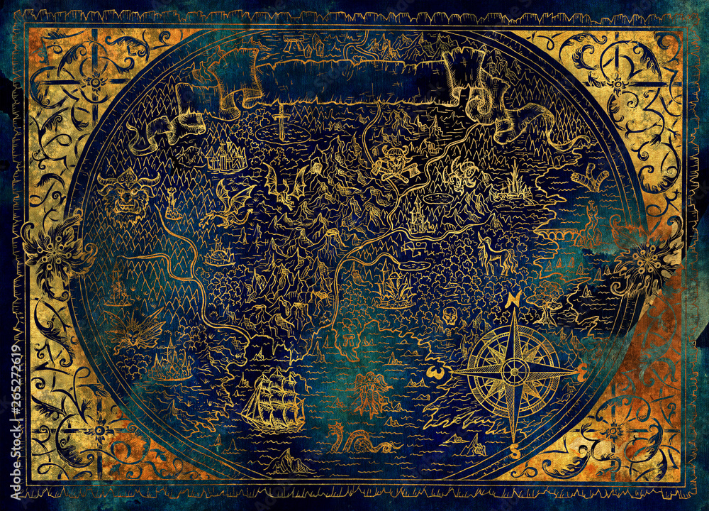Golden map of fantasy world with dragon, pirate ship, mermaid, elf ...