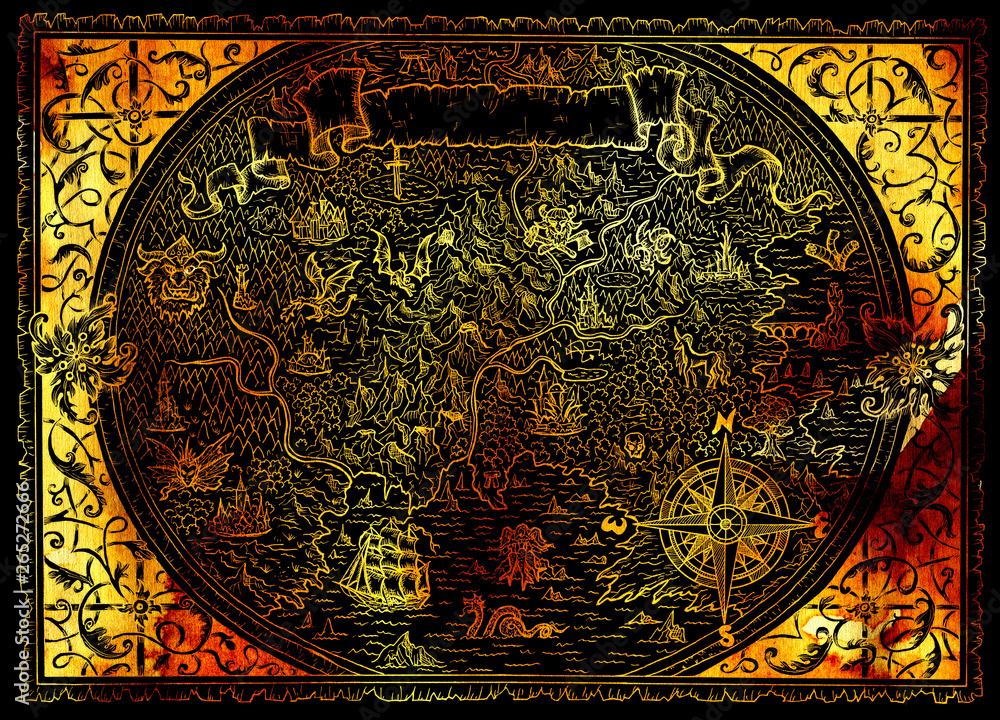 Golden atlas map of fantasy world with pirates, compass, mermaid ...