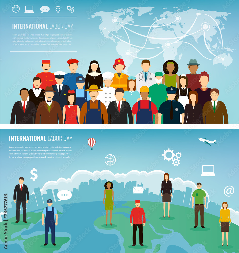Two banners with people of different occupations. Professions icons set ...
