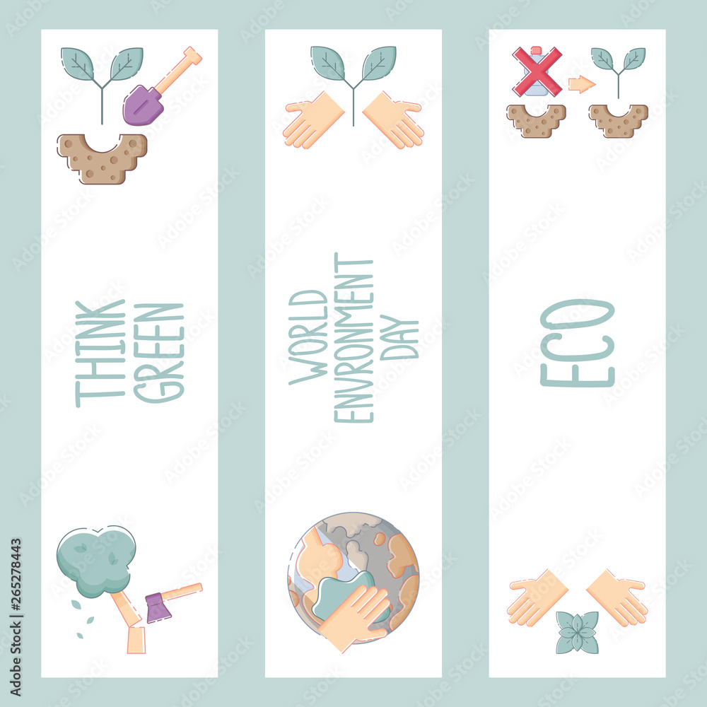 Set of cute World Environment Day bookmarks, flyers or greeting cards ...
