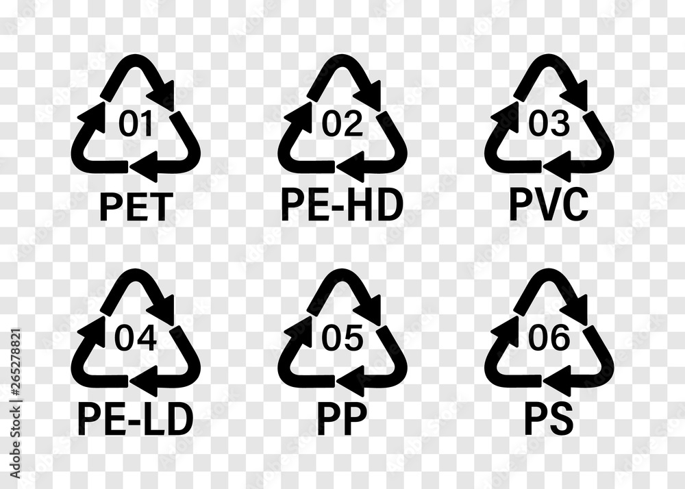 Set Black of recycling symbols for plastic. Icons for different types ...