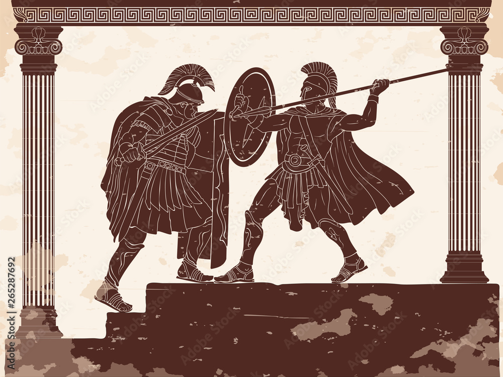 Two Roman legioners in armor and helmets fight with a sword and a spear ...