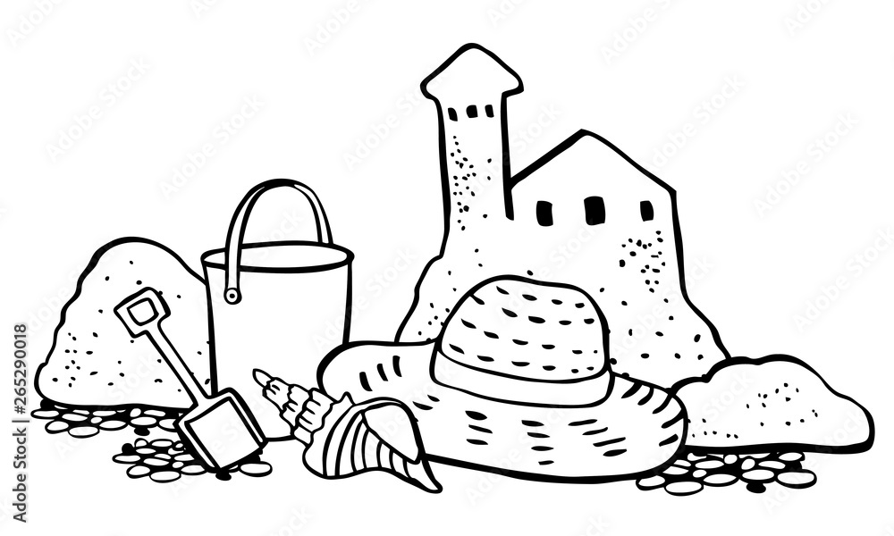 Beach scene. Sand castle, hat and bucket on the sand. Vector outline ...