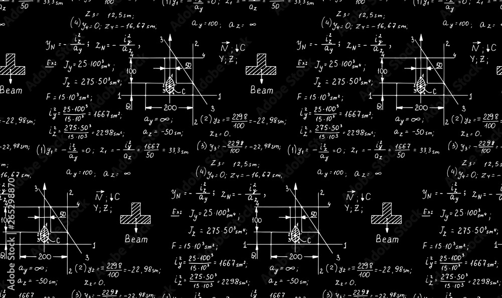 Physics seamless pattern with the equations, figures, schemes, formulas ...