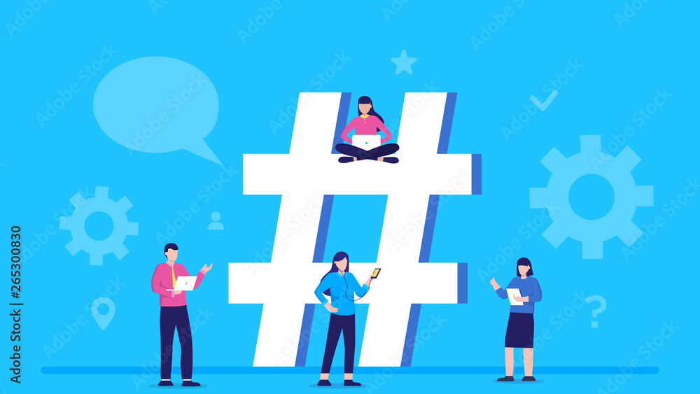 Hashtag concept illustration of young people using mobile phone, tablet ...