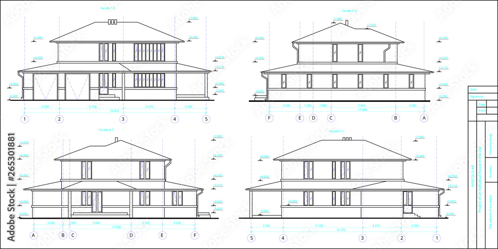 The project is a two-storey individual house. Drawing of four facades ...