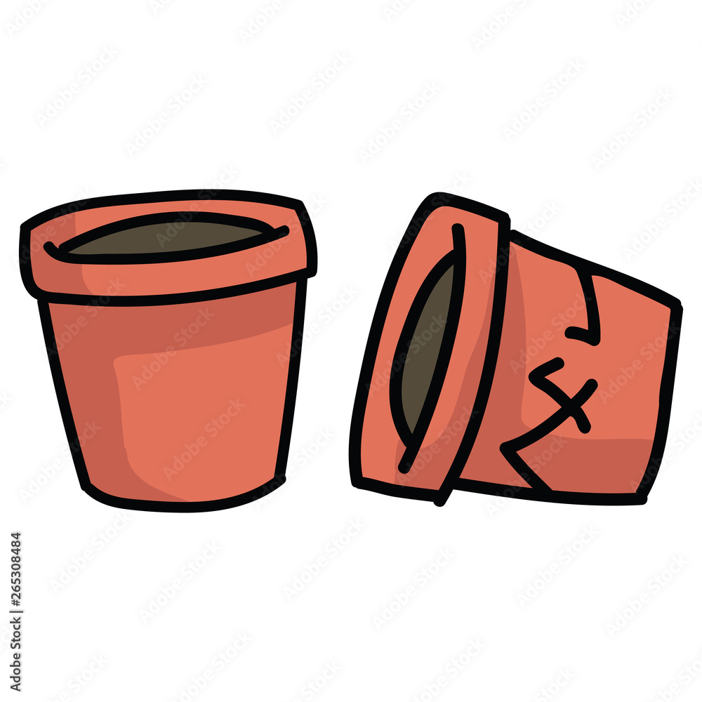 Cute terracotta plant pots cartoon vector illustration motif set. Hand ...