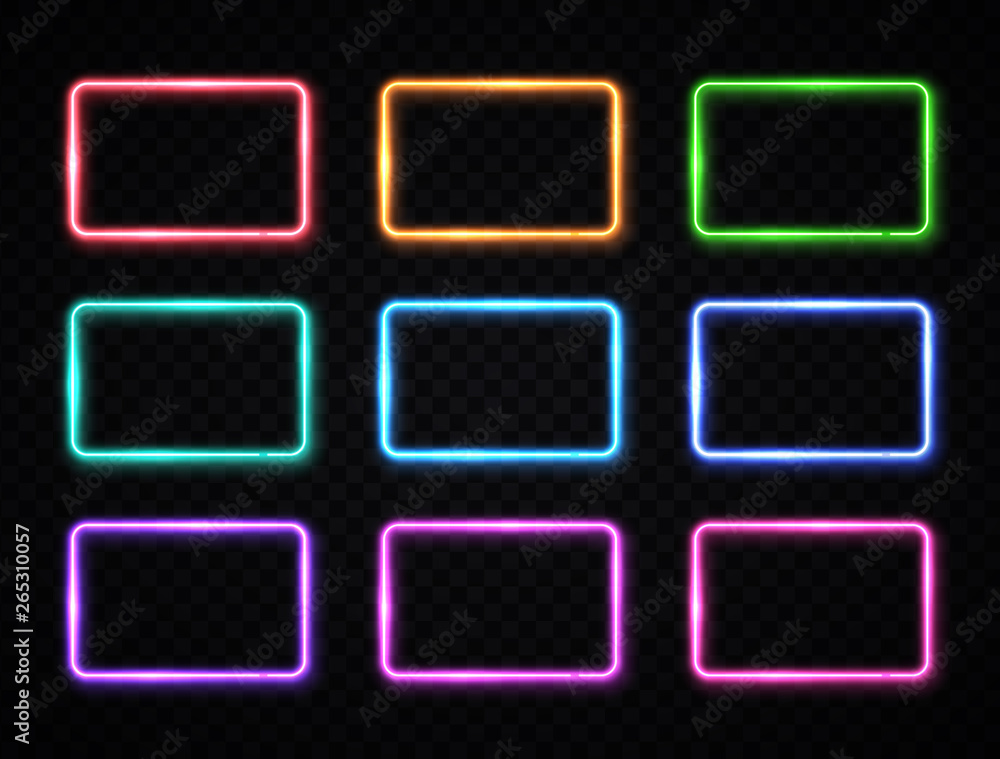Colorful neon square signs set. Glowing color rectangles collection on ...