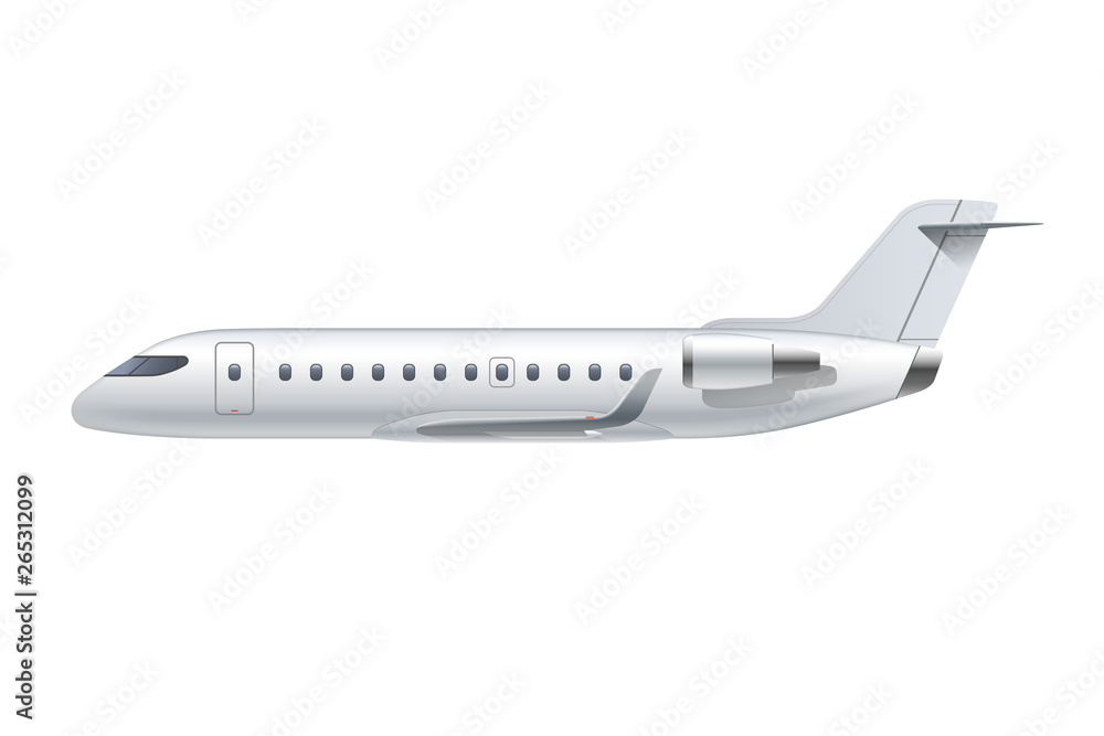Flying airplane, regional jet aircraft, airliner. Side view of detailed ...