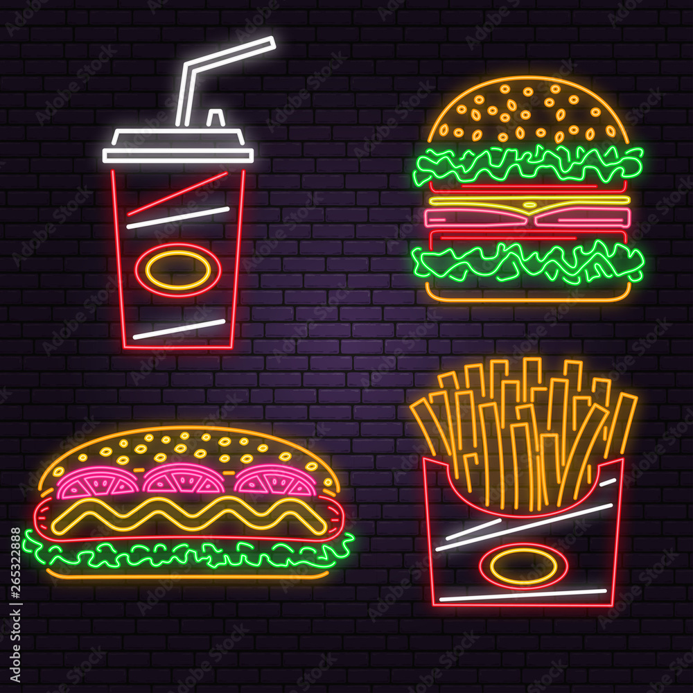 Retro neon burger, cola, hot dog and french fries sign on brick wall ...