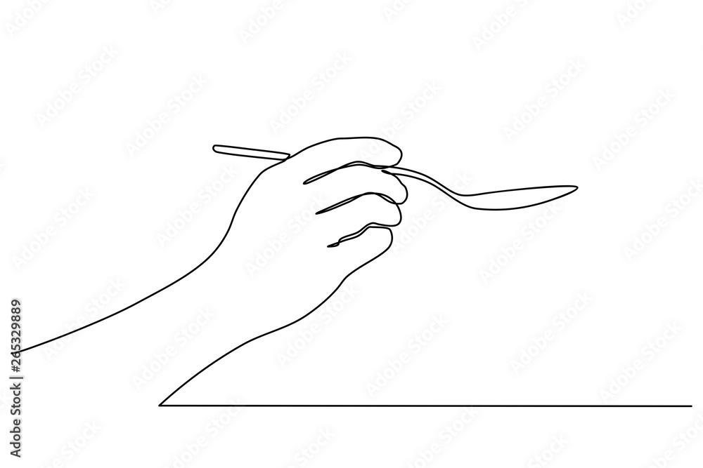 continuous line drawing of Hands holding a spoon. Isolated against a ...