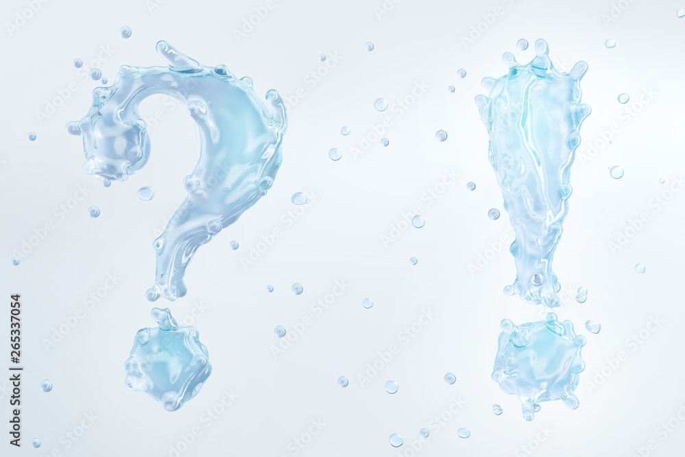 Water splash with water droplets in the form of fluid question and ...