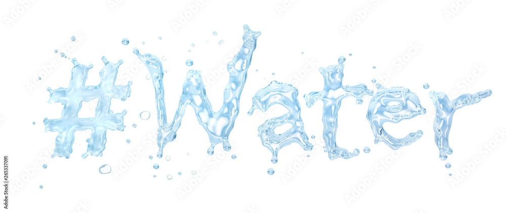 Water splash with water droplets in the form of word "Water" and fluid ...