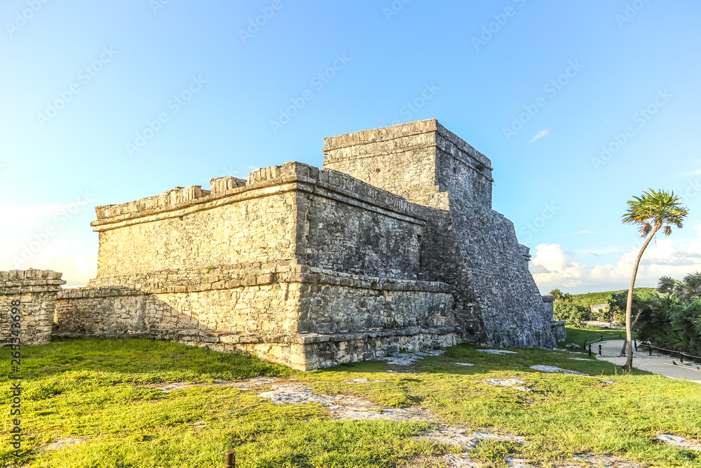 The ancient pre-Columbian ruins of a Mayan temple at Tulum near Cancun ...