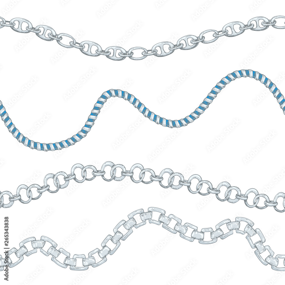 Seamless pattern with retro hand-drawn sketch silver chain on white ...