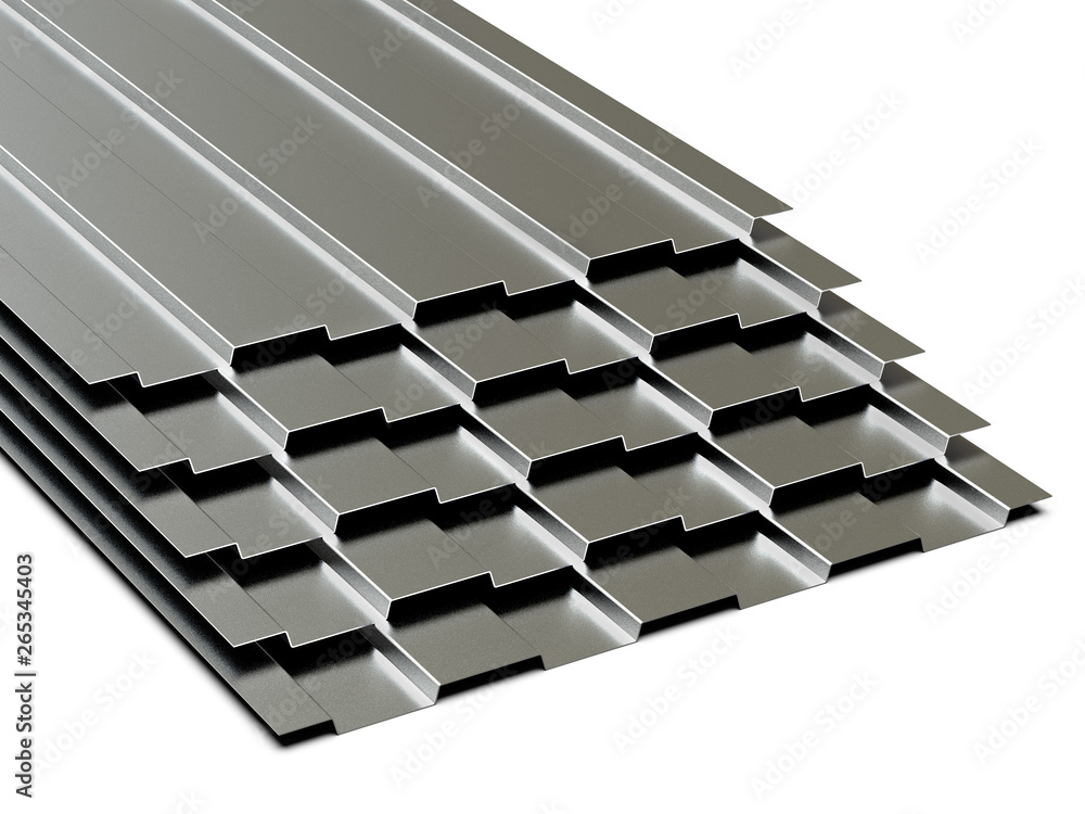Steel profiled sheets stacked in stack. Sale of steel assortment. 3D ...