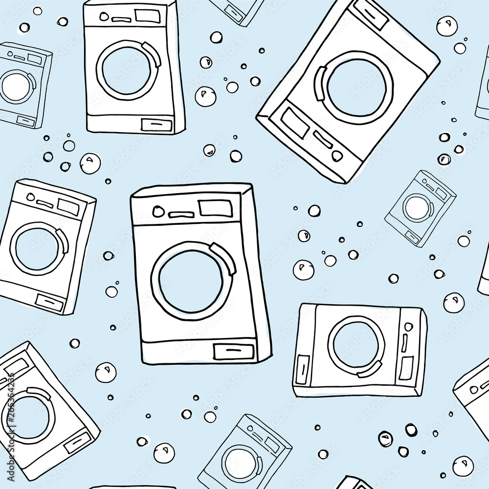 Laundry pattern. White doodle washing machines on a blue background ...