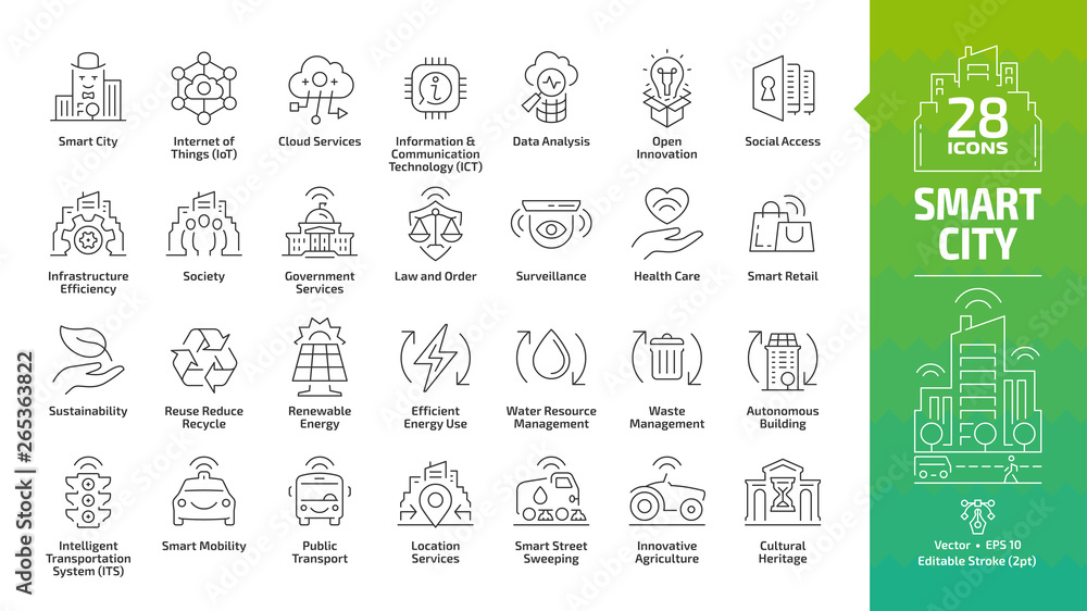 Smart city outline icon set with infrastructure efficiency technology ...