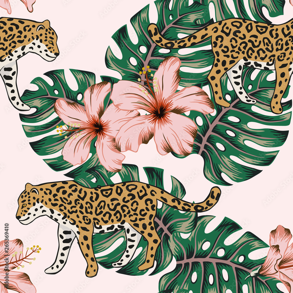 Tropical leopard animal, monstera palm leaves, pink hibiscus flowers ...