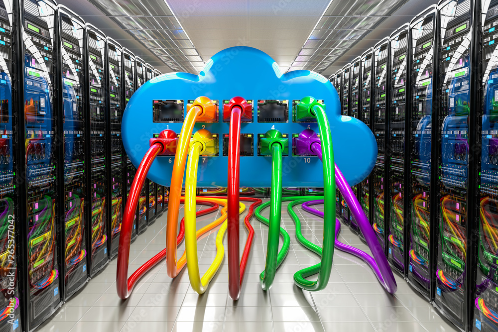 Computer cloud with lan internet cables inside data center, server room ...