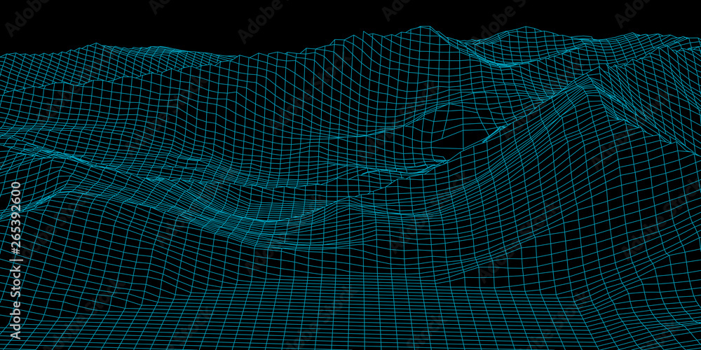 Wireframe 3D landscape mountains. Futuristic 3D cartography. Wireframe ...