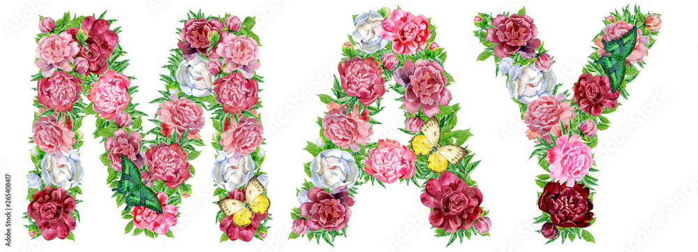 Word MAY of watercolor flowers with butterflies Stock Illustration ...