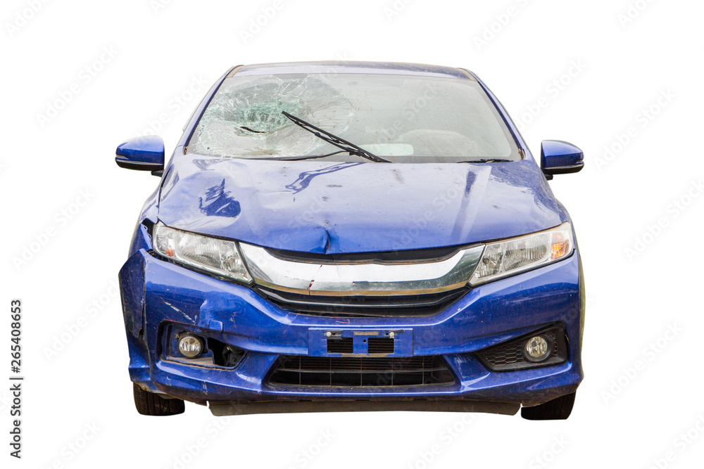 blue car crash from accident,car destroyed isolated on white background ...