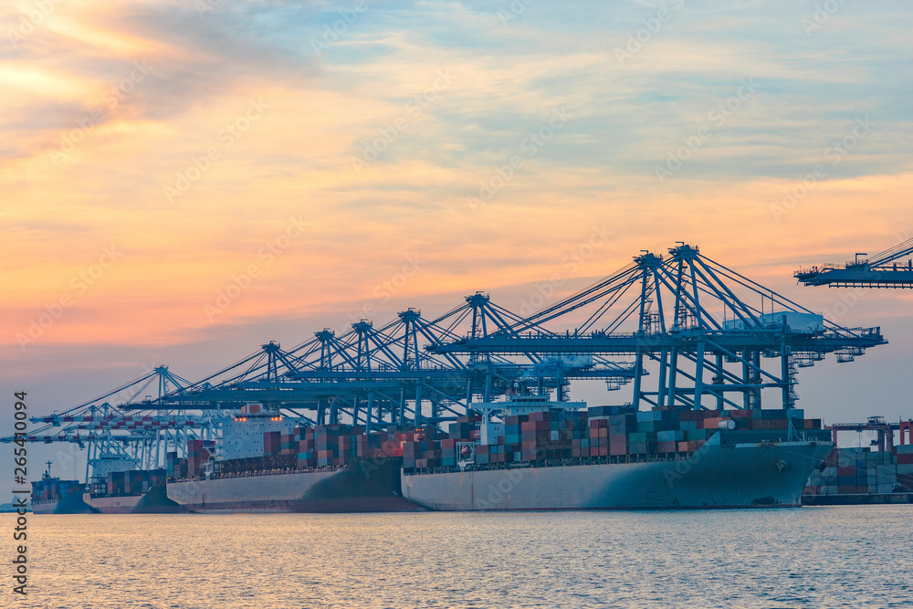 the container ships during loading in port, logistics system worldwide ...