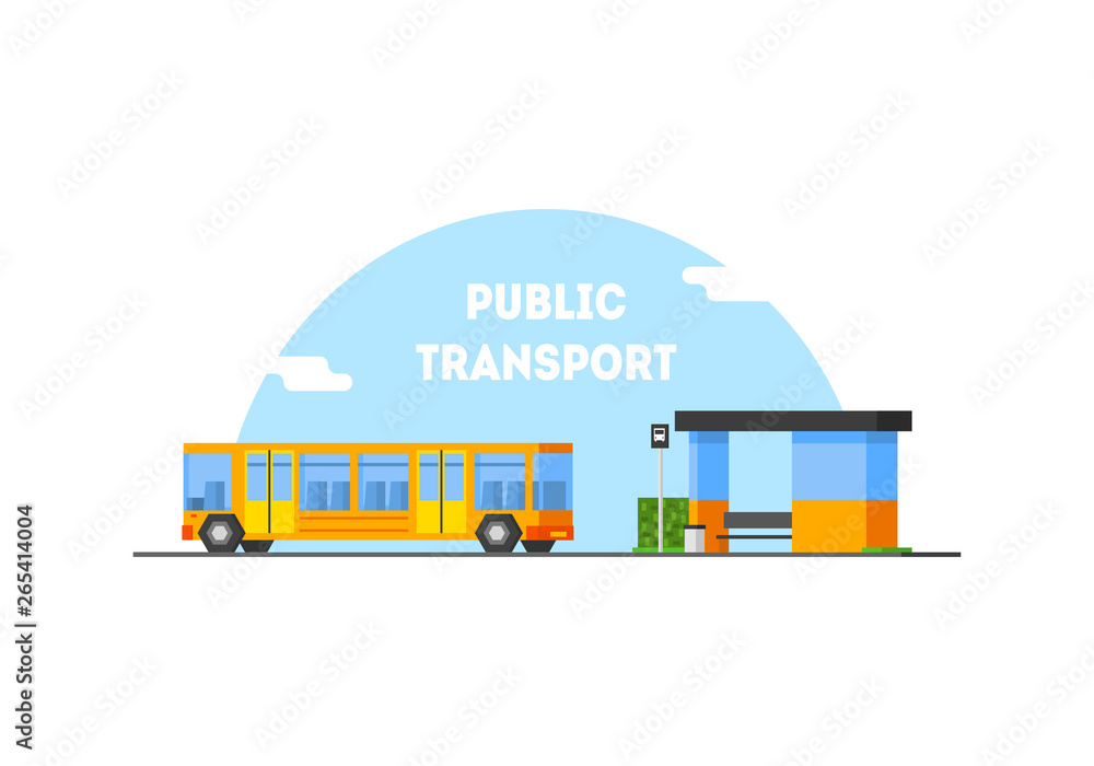 City Public Transport Banner Template, Bus Stop and Moving Bus Vector ...