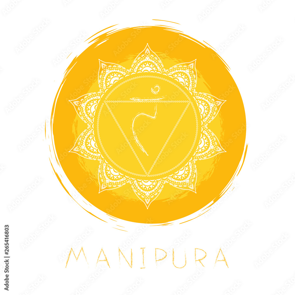 Vector illustration with symbol chakra Manipura and watercolor element ...