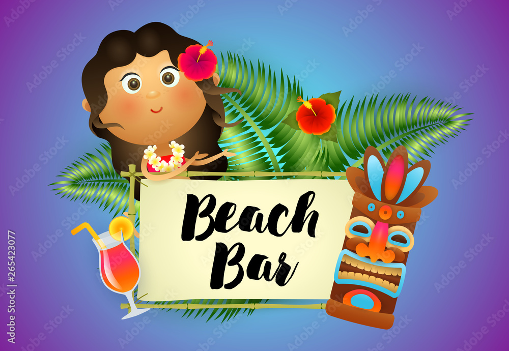 Beach Bar lettering with aborigine woman, cocktail and tiki mask ...