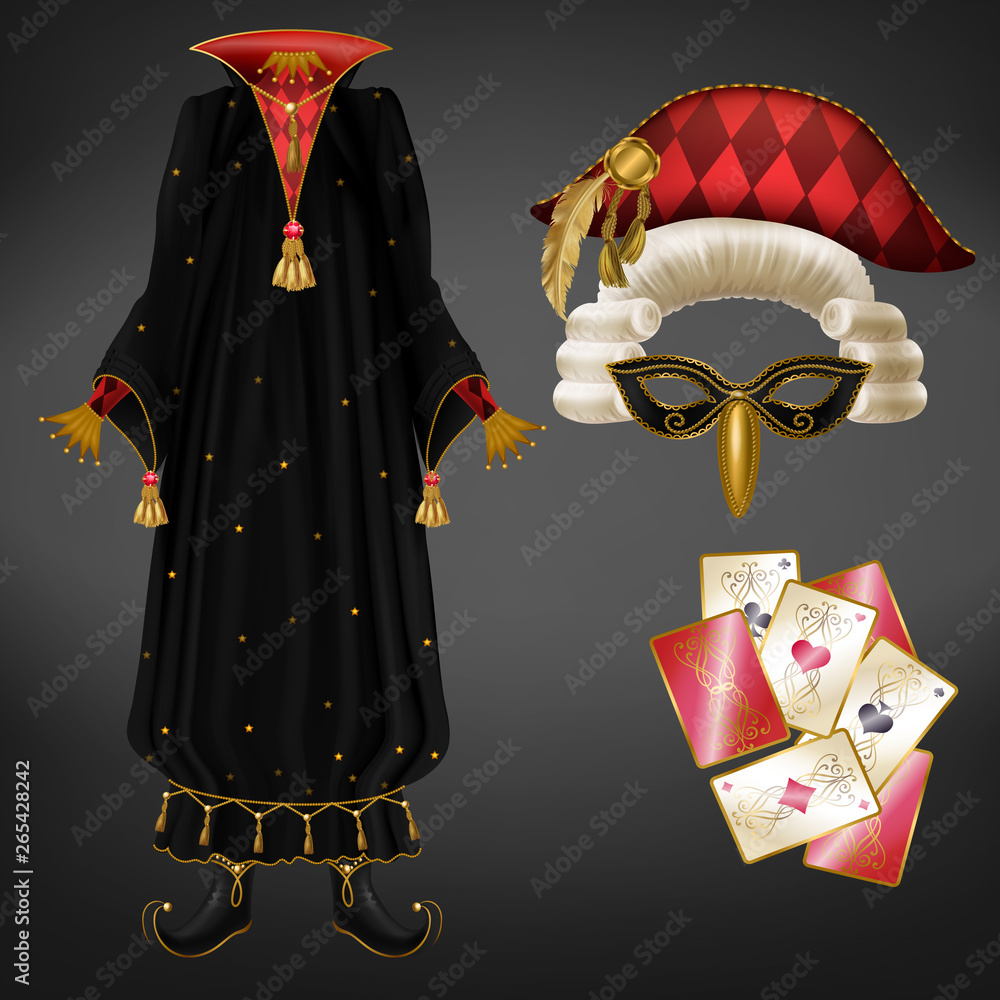 Joker or jester costume realistic vector with black mantle decorated ...