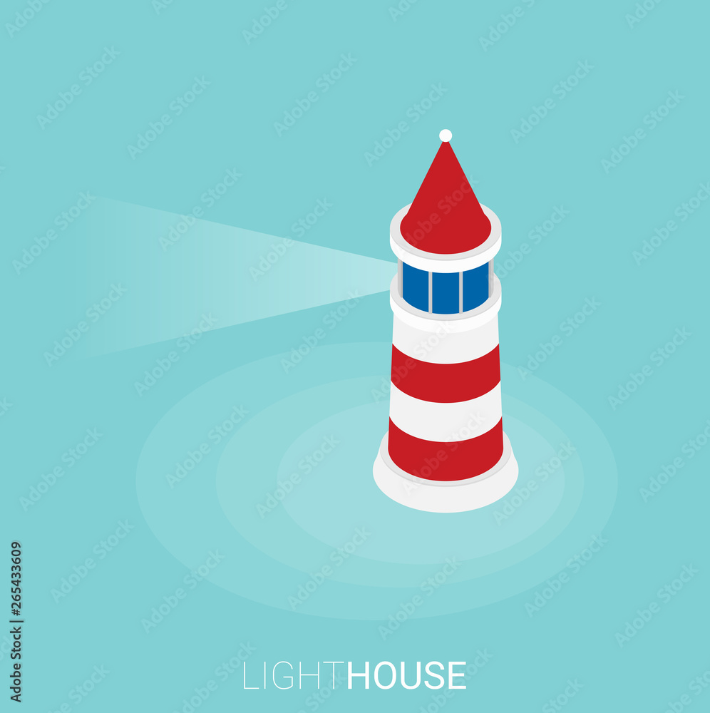 Flat isometric lighthouse icon on blue sea, illustration vector ...
