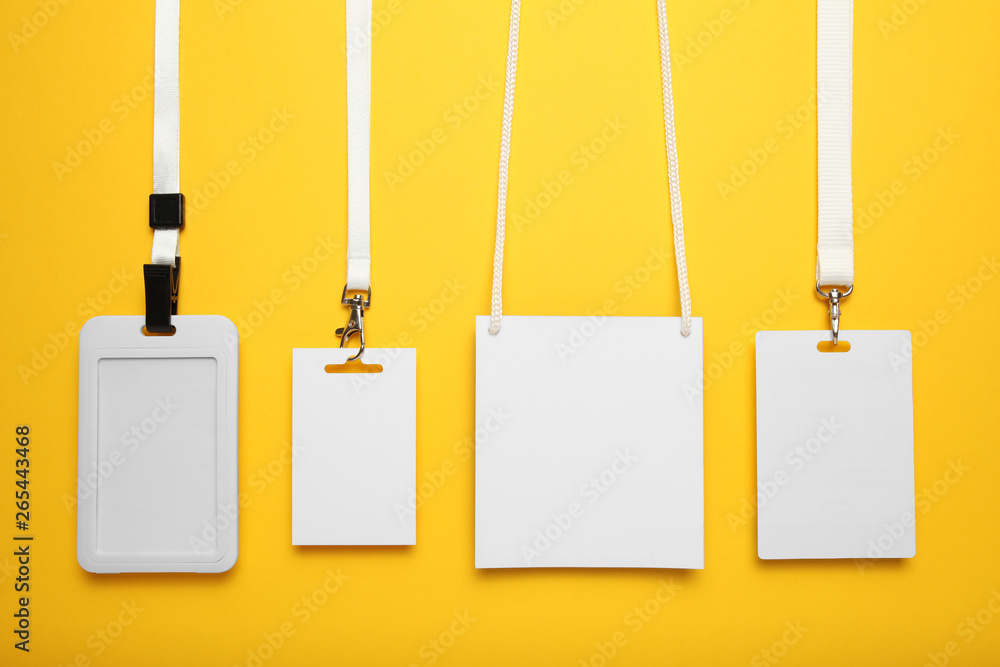 Set of name tags, vip pass id, badge and lanyard. Event blank on yellow ...