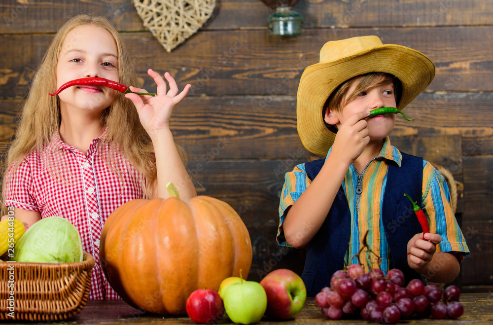 Kids farmers girl boy vegetables harvest. Family farm. Children ...