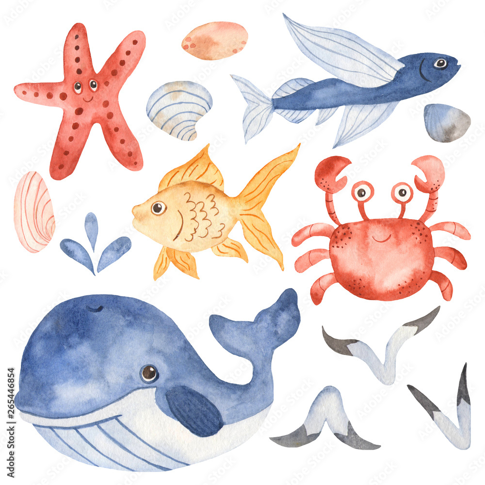Prints Wall Décor Cute Watercolour Sea Creatures/ Ocean Animals Print ...