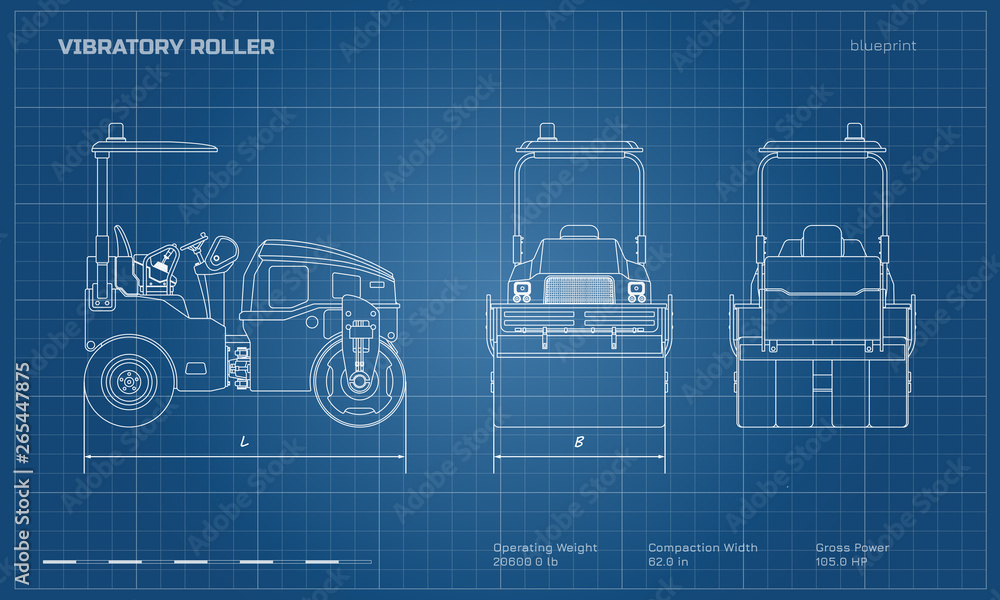 Vibratory roller in outline style. Side, back and front view. Building ...