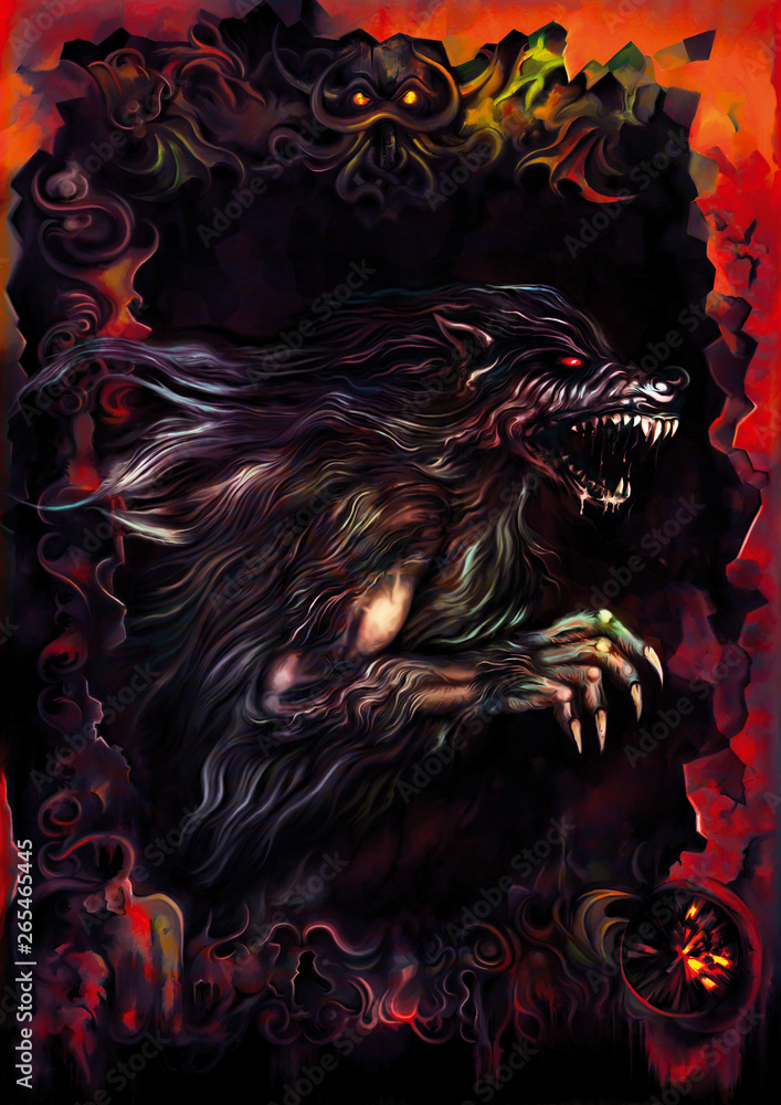 Werewolf attack poster or cover/ Illustration a dark background with a ...