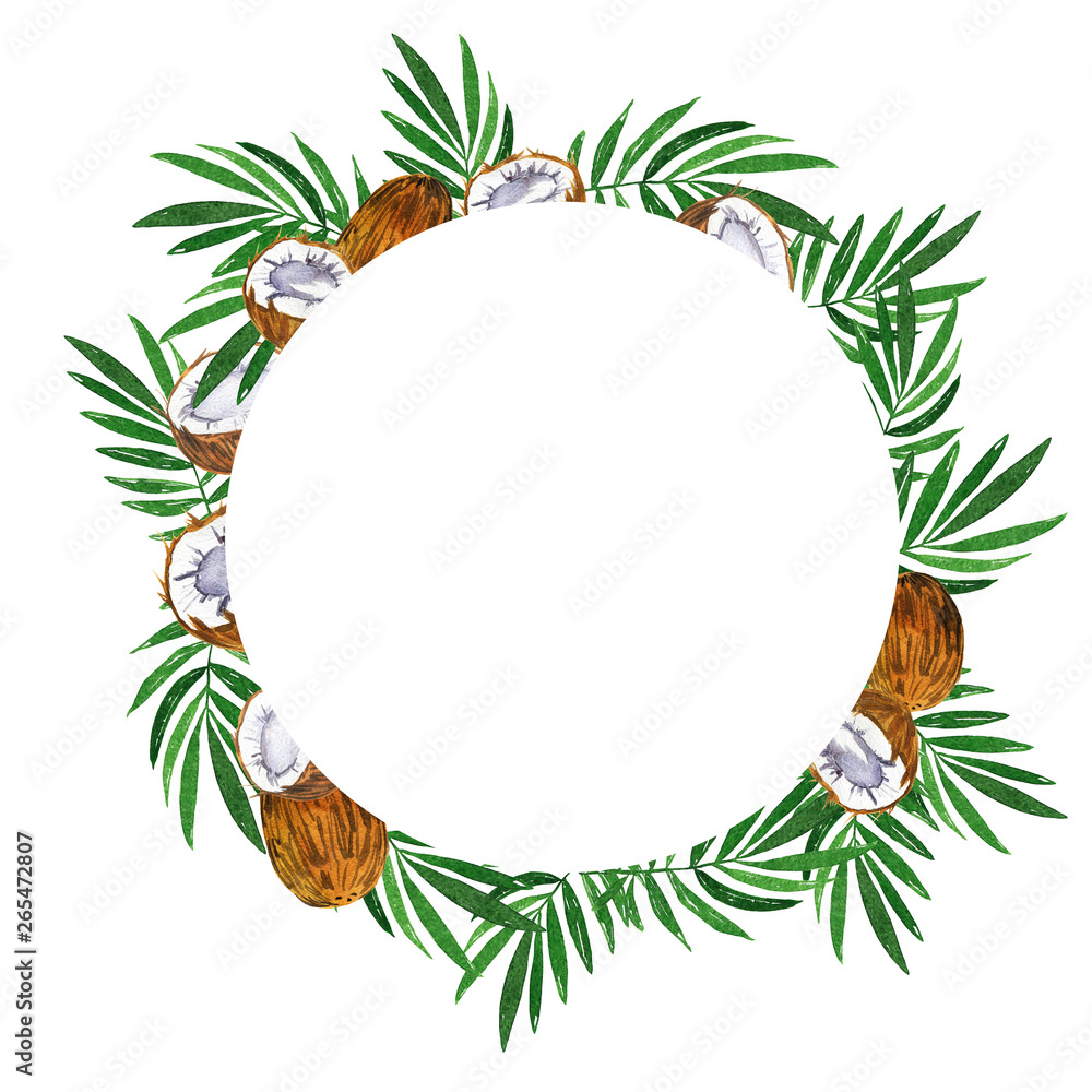 Coconut and palm leaves frame isolated on white background. Hand drawn ...