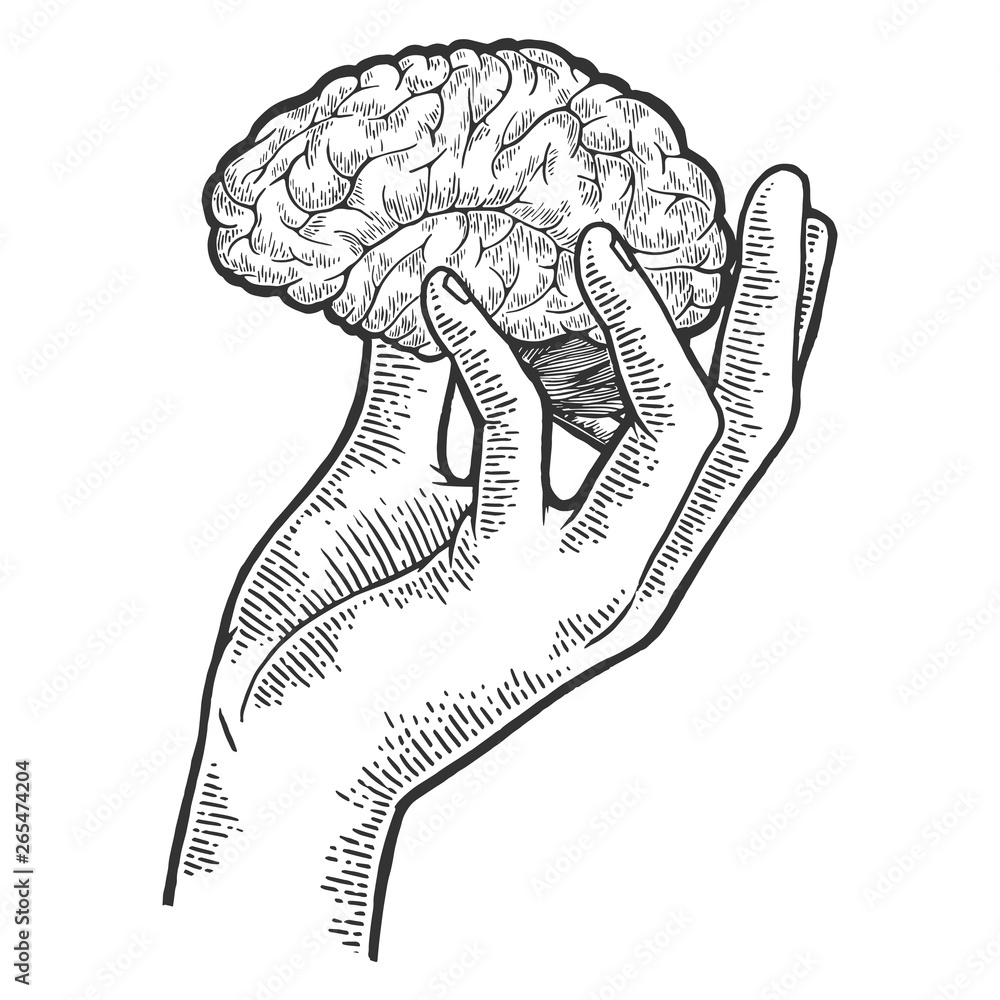 Human brain in hand sketch engraving vector illustration. Scratch board ...