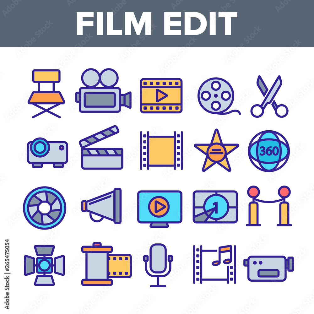 Film Edit, Filmmaking Linear Vector Icons Set. Movie Shooting, Editing ...