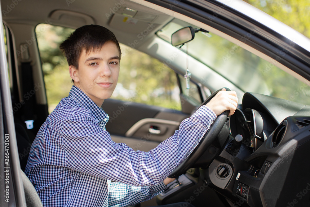 teen boy driving a car view from the car .teen holding hands behind the ...