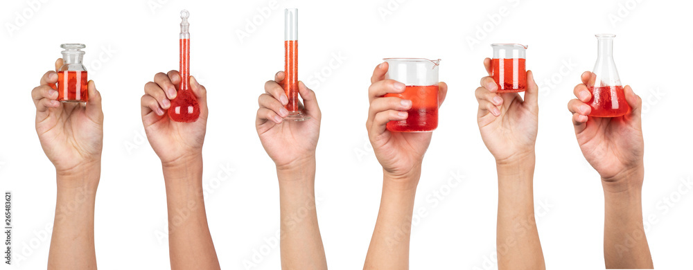 Laboratory glassware with red water liquid holding in boy hand isolated ...