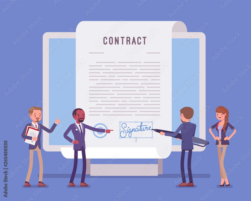 Electronic document signature, contract page on screen. Business people ...