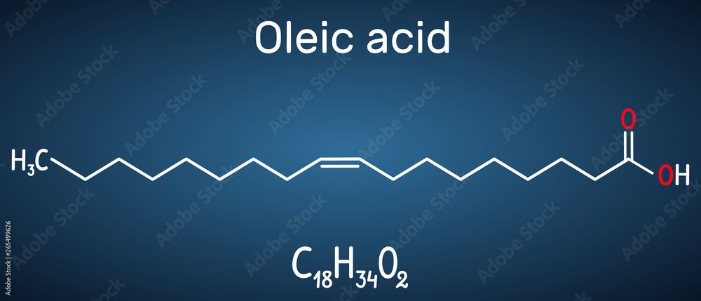 Oleic acid ( cis, omega-9) molecule. Structural chemical formula and ...