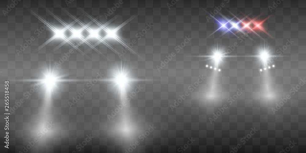 Realistic white glow round beams of car headlights, isolated on ...