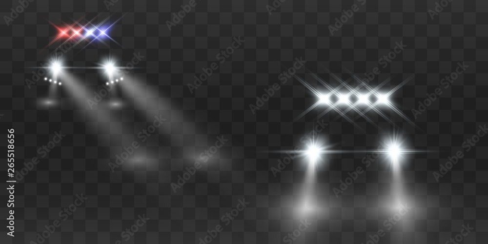 Realistic white glow round beams of car headlights, isolated on ...