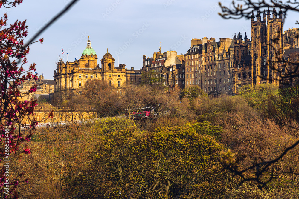 Edinburgh Castle in Scotland , Europe with pink cherry blossom during ...